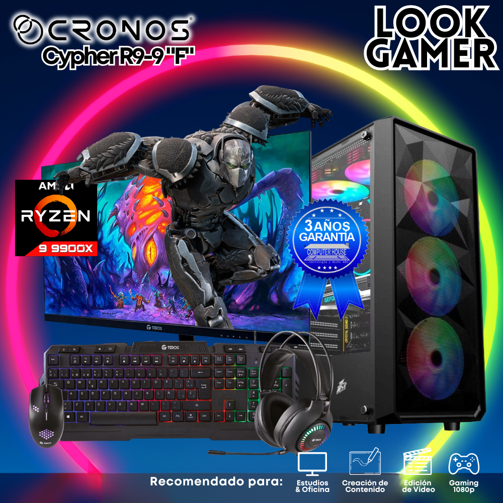 PC Look Gamer CRONOS Cypher R9-9 "F", RAM 16GB DDR5, SSD 500GB, Monito ...