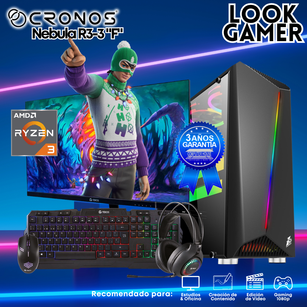 PC Look Gamer CRONOS Nebula R3-3 "F", RAM 16GB, SSD 500GB, Monitor 24 ...